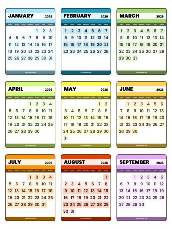 Printable Calendars - ESL Flashcards