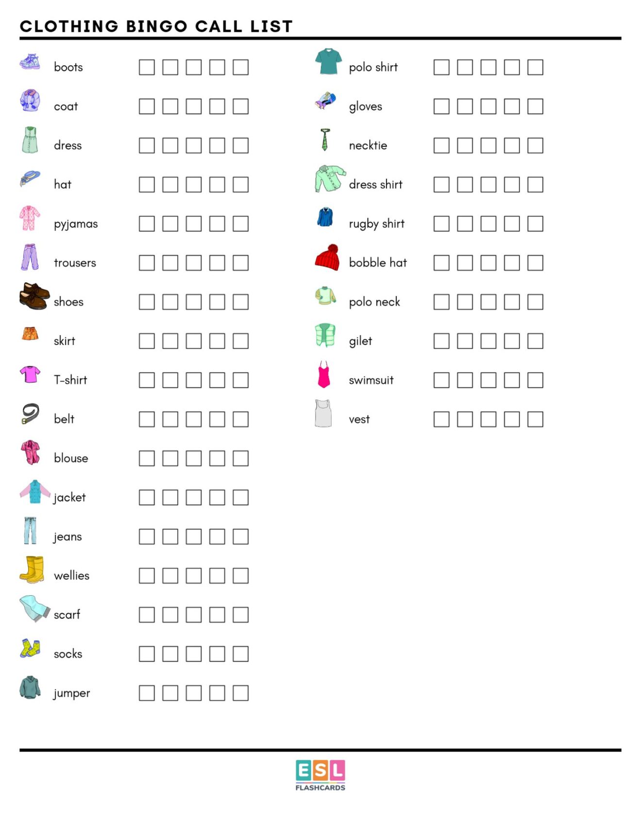 Clothing Bingo - ESL Flashcards