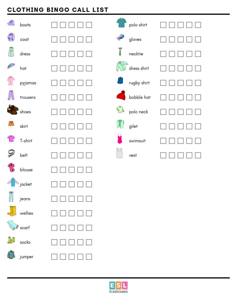 Clothing Bingo - ESL Flashcards