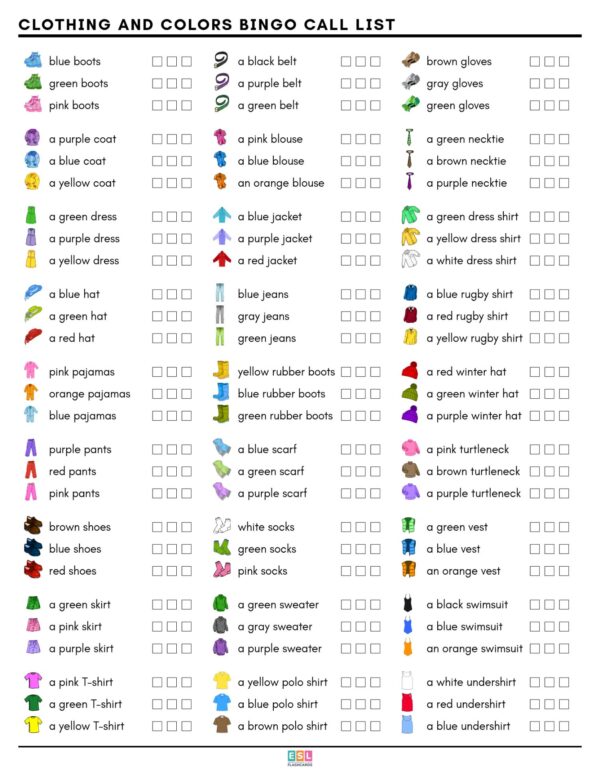 Clothing Bingo - ESL Flashcards