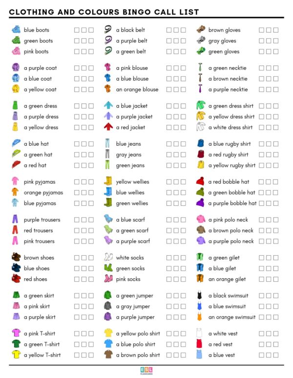 Clothing Bingo - ESL Flashcards