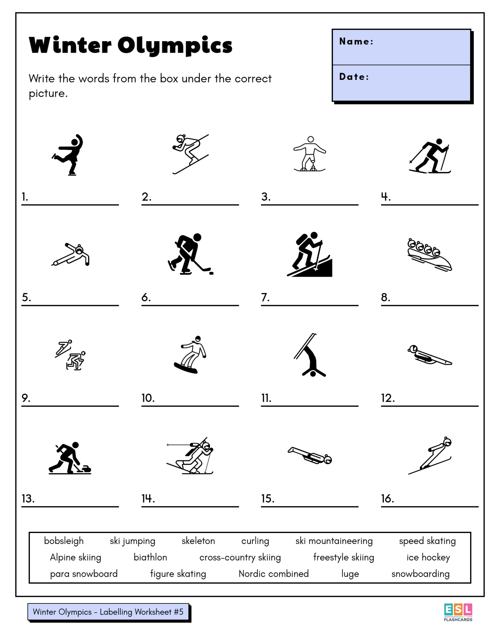 Winter Olympic Sports Worksheets - ESL Flashcards