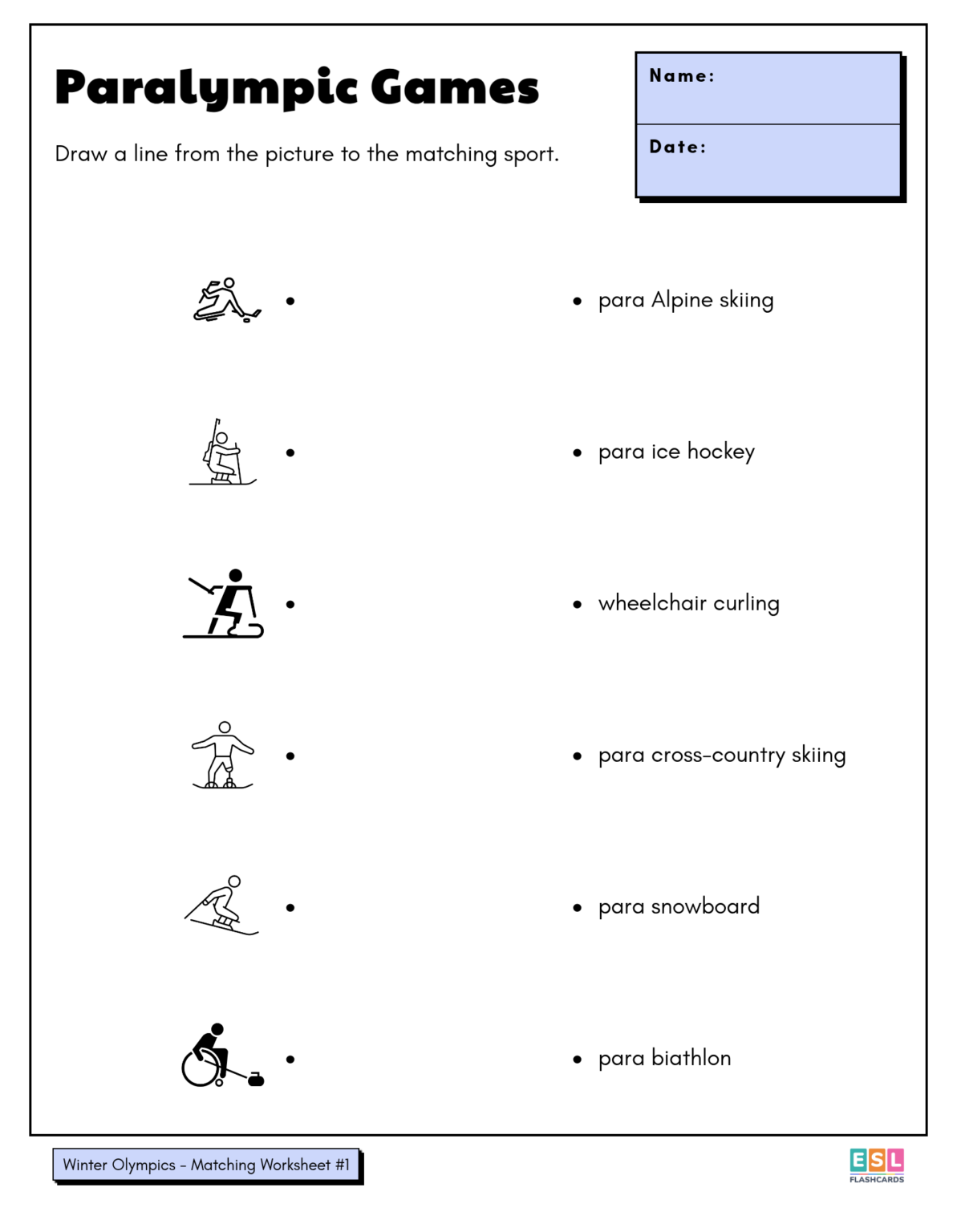 Winter Olympic Sports Worksheets - ESL Flashcards