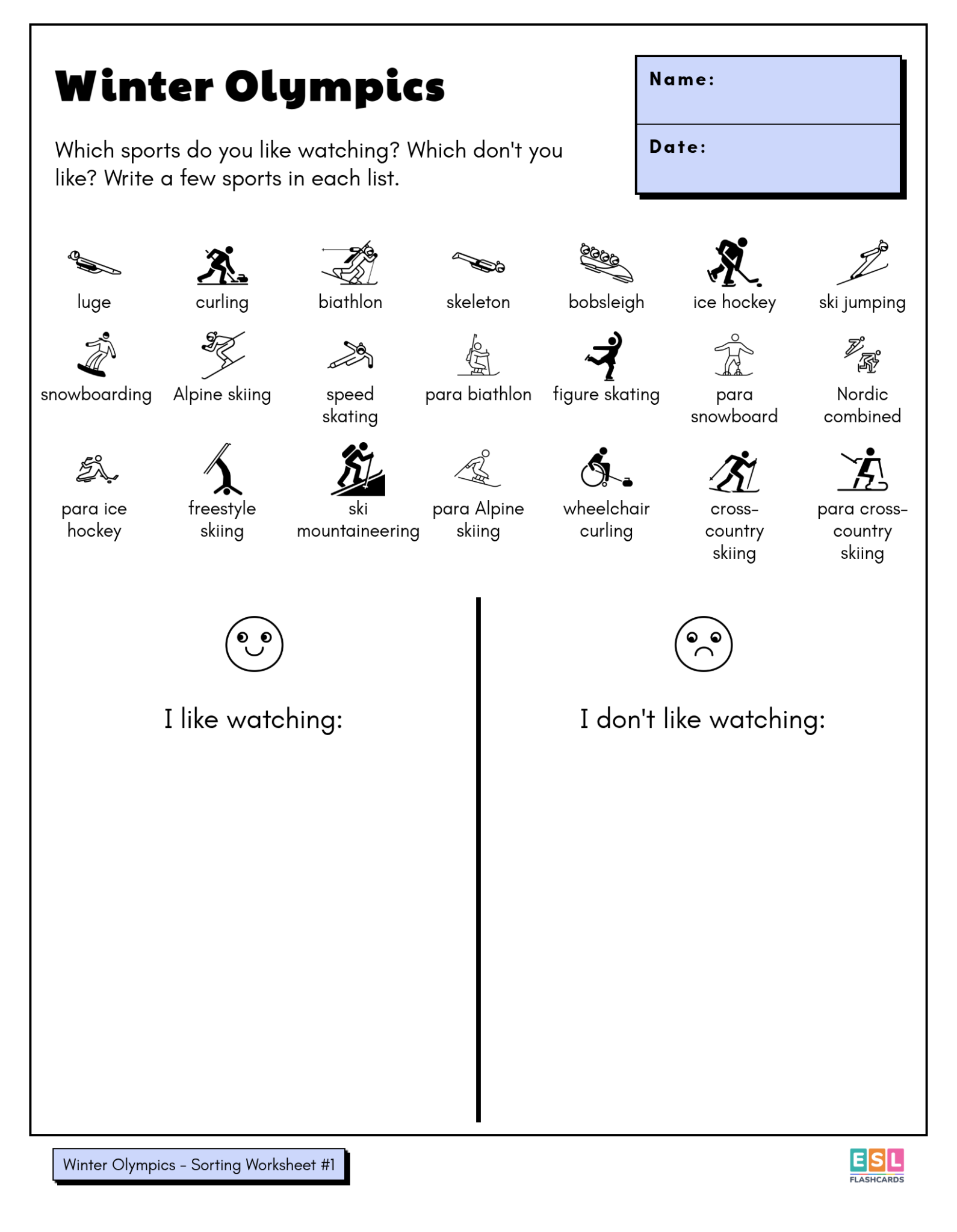 Winter Olympic Sports Worksheets - ESL Flashcards
