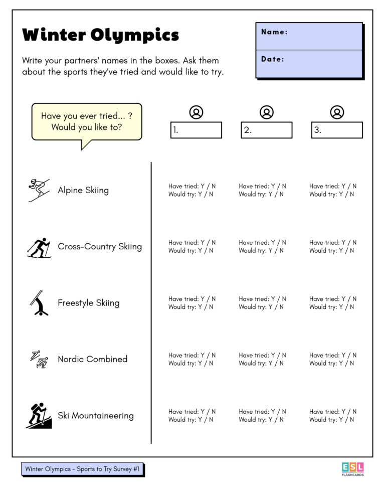 Winter Olympic Sports Worksheets - ESL Flashcards