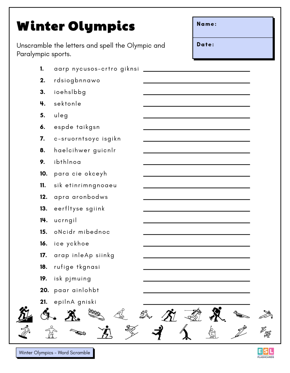 Winter Olympic Sports Worksheets - ESL Flashcards